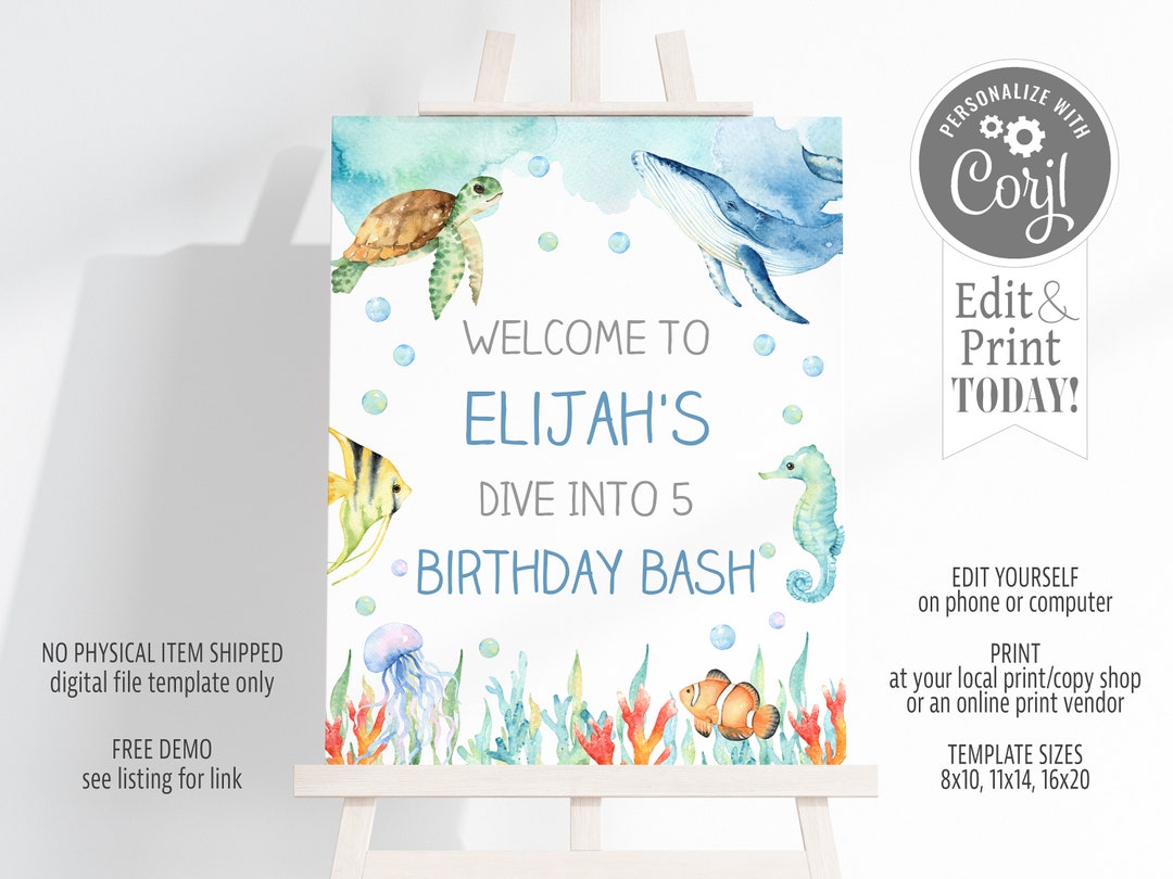 Dive Into Five Welcome Sign Templates With Ocean Animals in 8x10, 11x14 ...