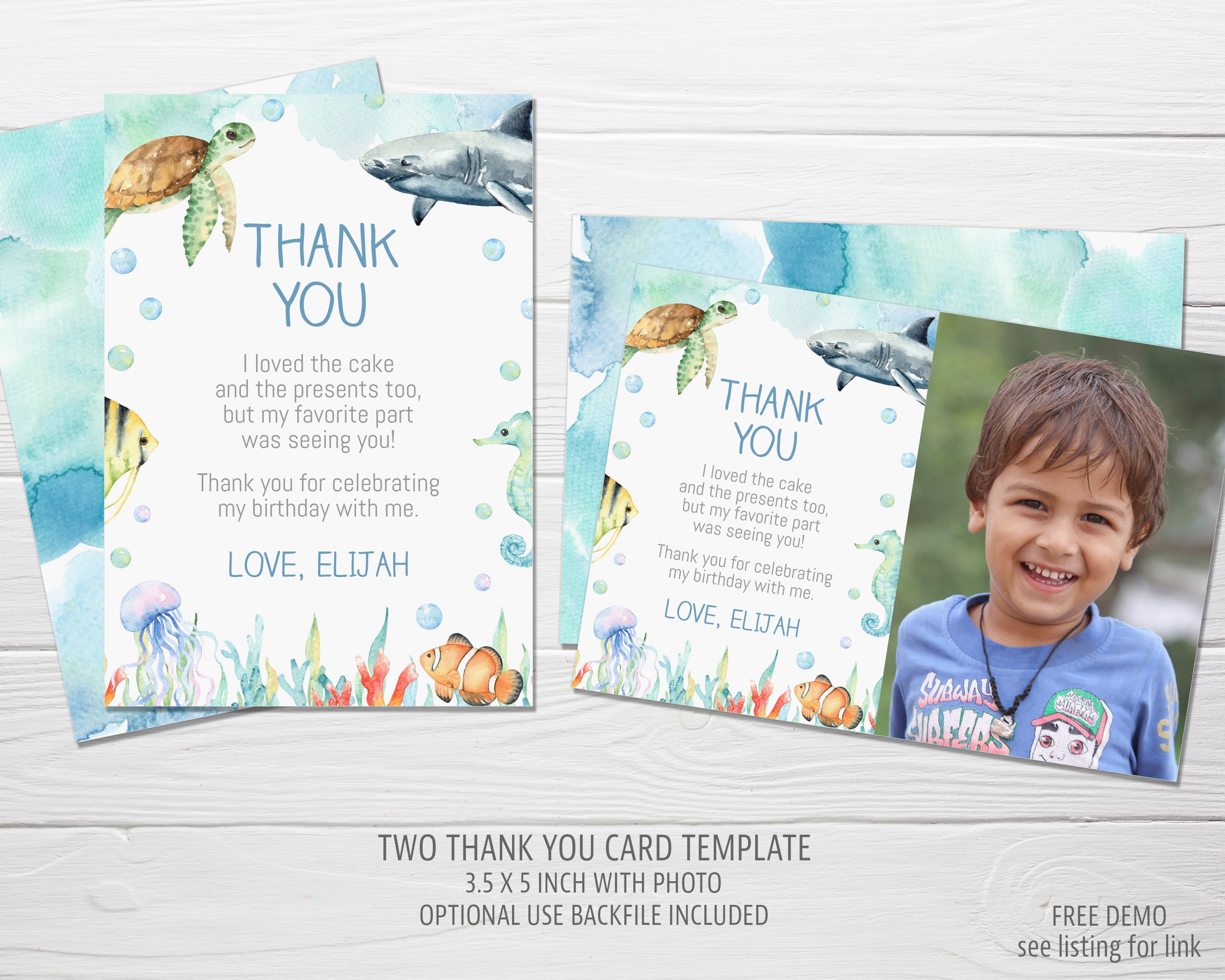 Ocean Animals Boy Thank You Note Template 3.5 X 5 Inches, Photo and Non ...