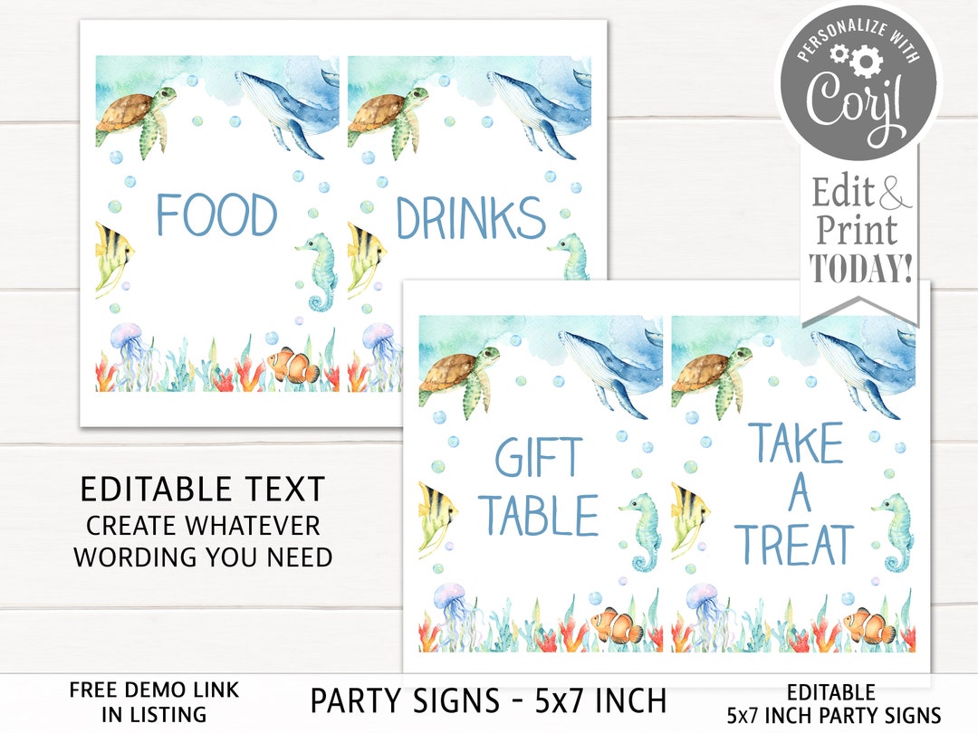 Ocean Animals Party Sign 5x7 Inches, Editable Blue Party Signs, Instant ...