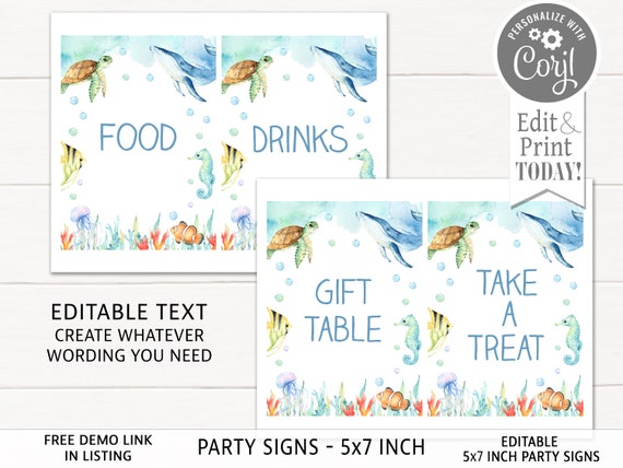 Ocean Animals Party Sign 5x7 Inches Editable Blue Party - Etsy