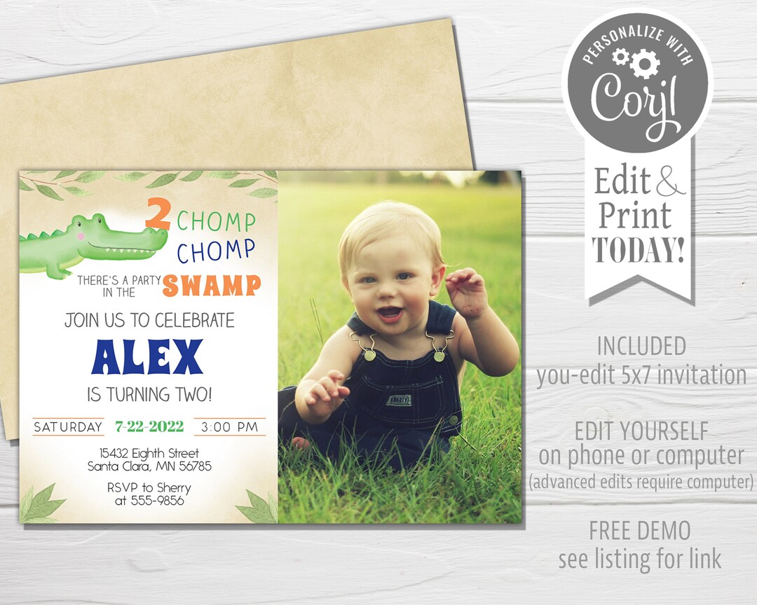 Alligator Birthday Photo Invitation: Chomp Swamp Party (digital ...