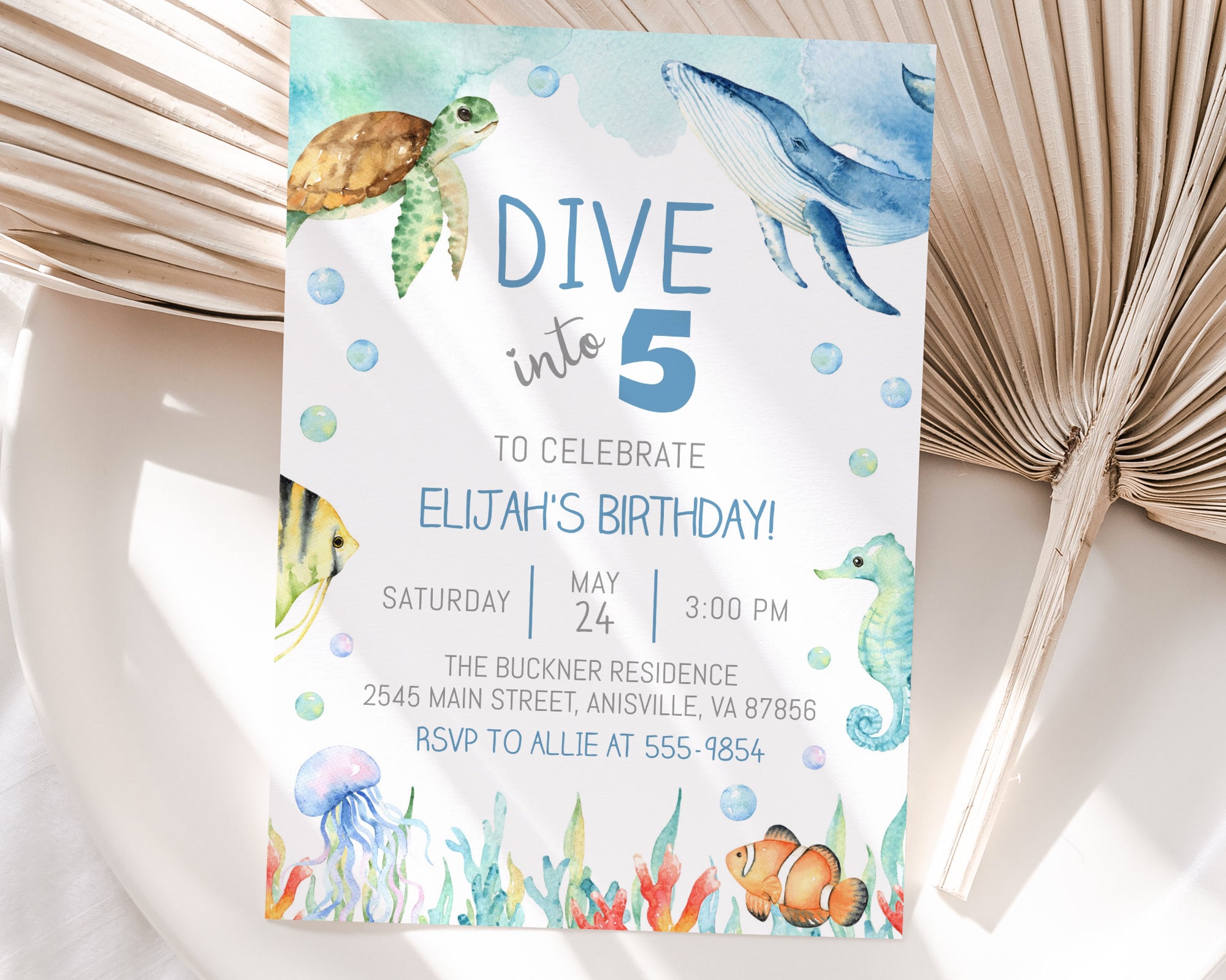 Dive Into Five Birthday Invitation, Ocean Animals, Blue, Boy, Editable ...