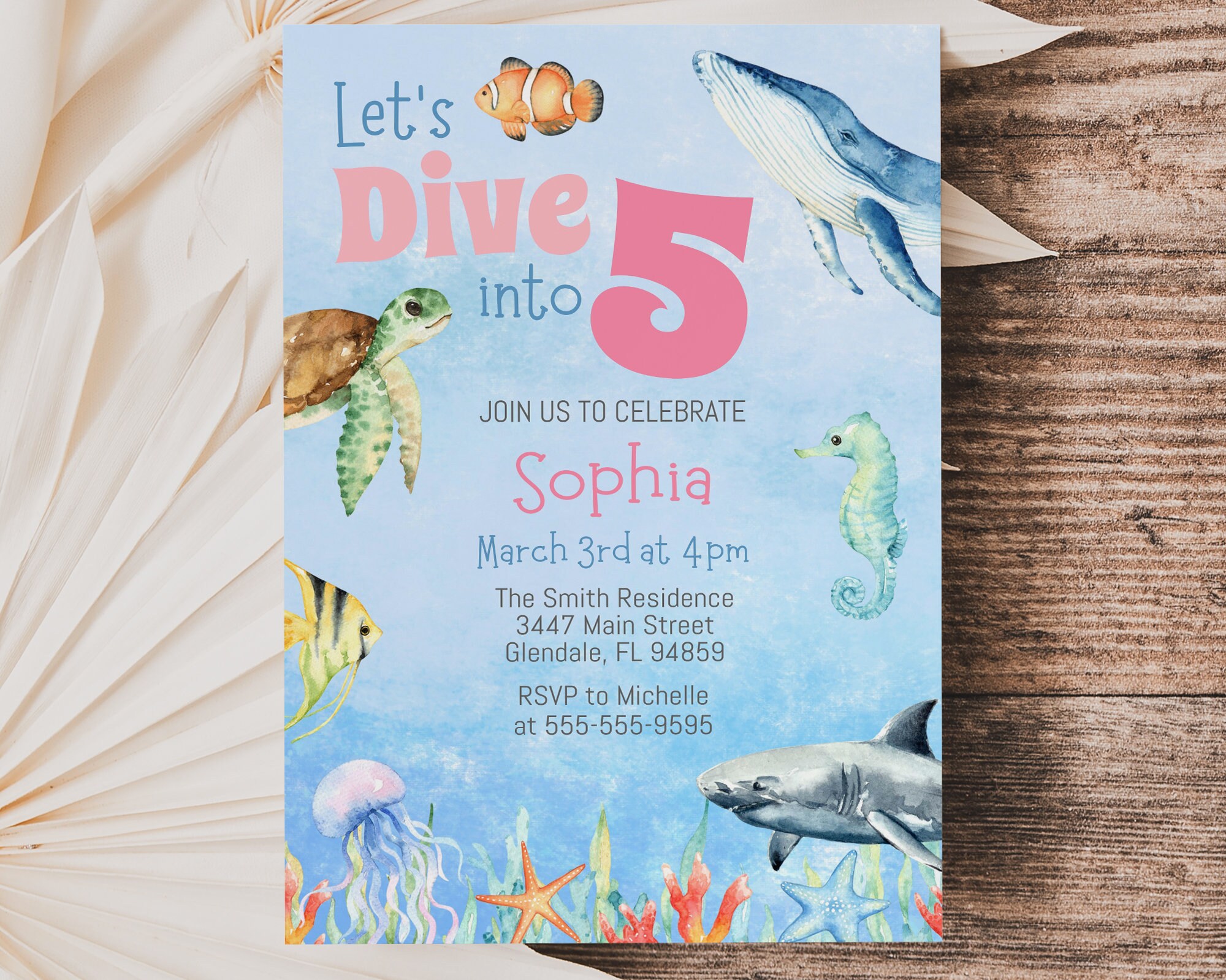 Dive Into 5 Pink Birthday Invitation Template, Ocean Animals, Girl ...