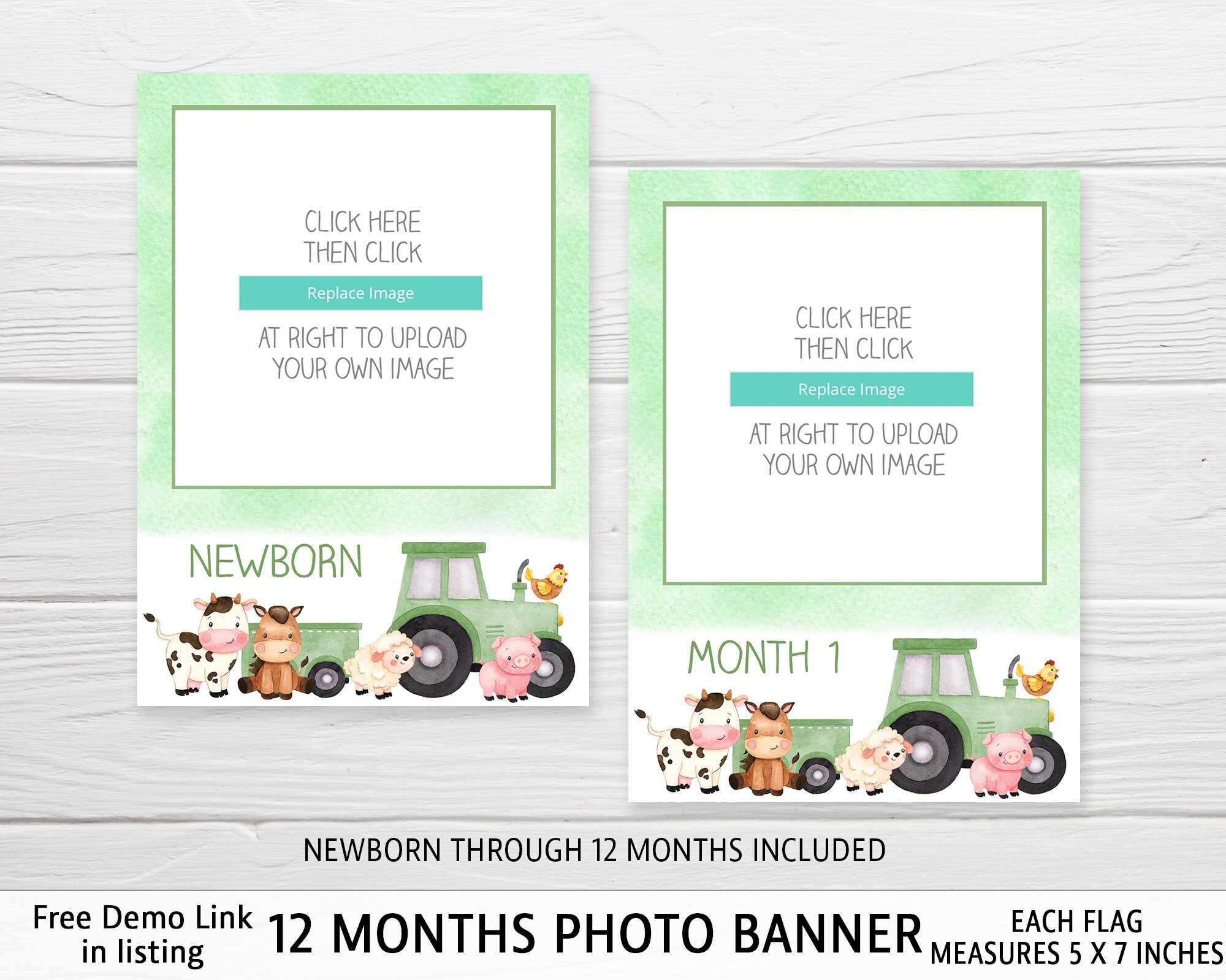 Tractor Farm Animals Photo Banner, Editable Green First Birthday Photo ...