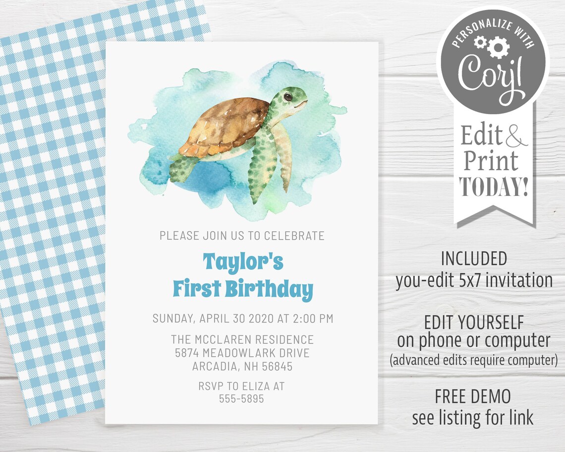 Turtle Birthday Invitation, Ocean Animal, Girl, Boy, Editable, Under ...