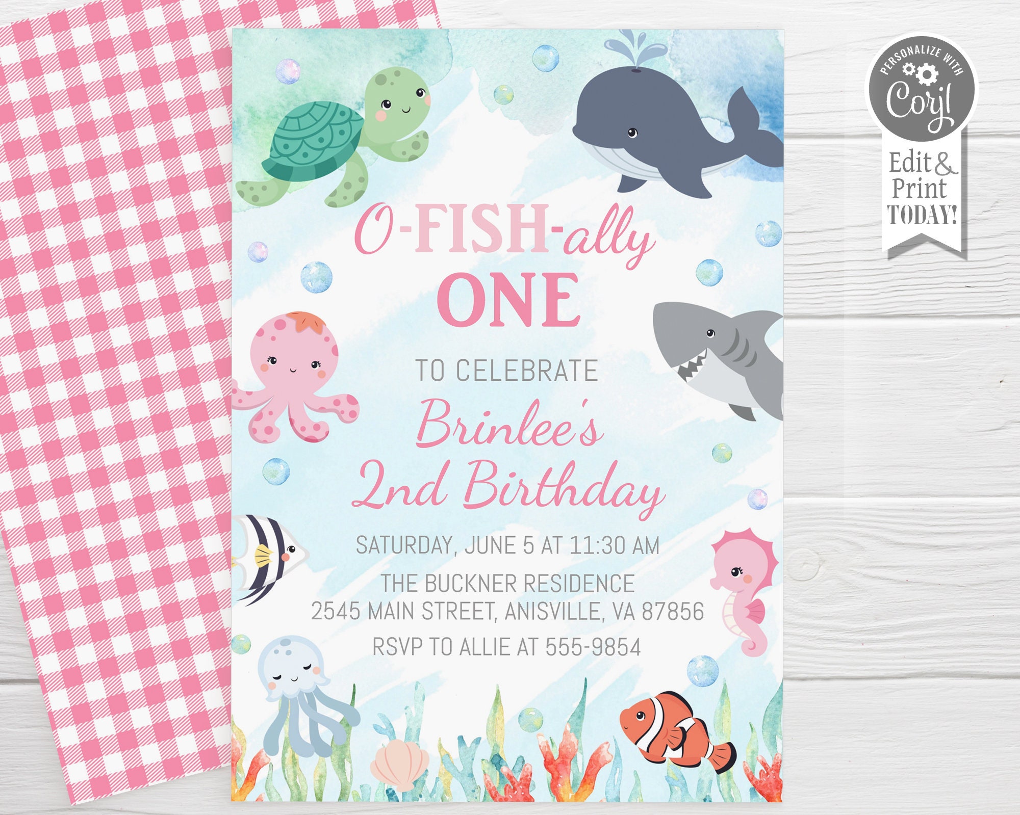 Ofishally One Birthday Invitation: Pink Ocean Animals (editable ...