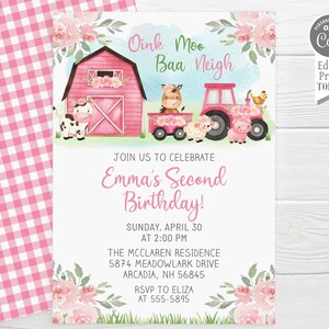 Farm Birthday Invitation Template, Oink Moo Baa Neigh, Girl, Flowers ...