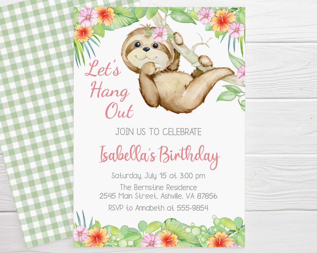 Sloth Birthday Invitation, Editable, Sloth With Flowers, Let's Hang Out ...