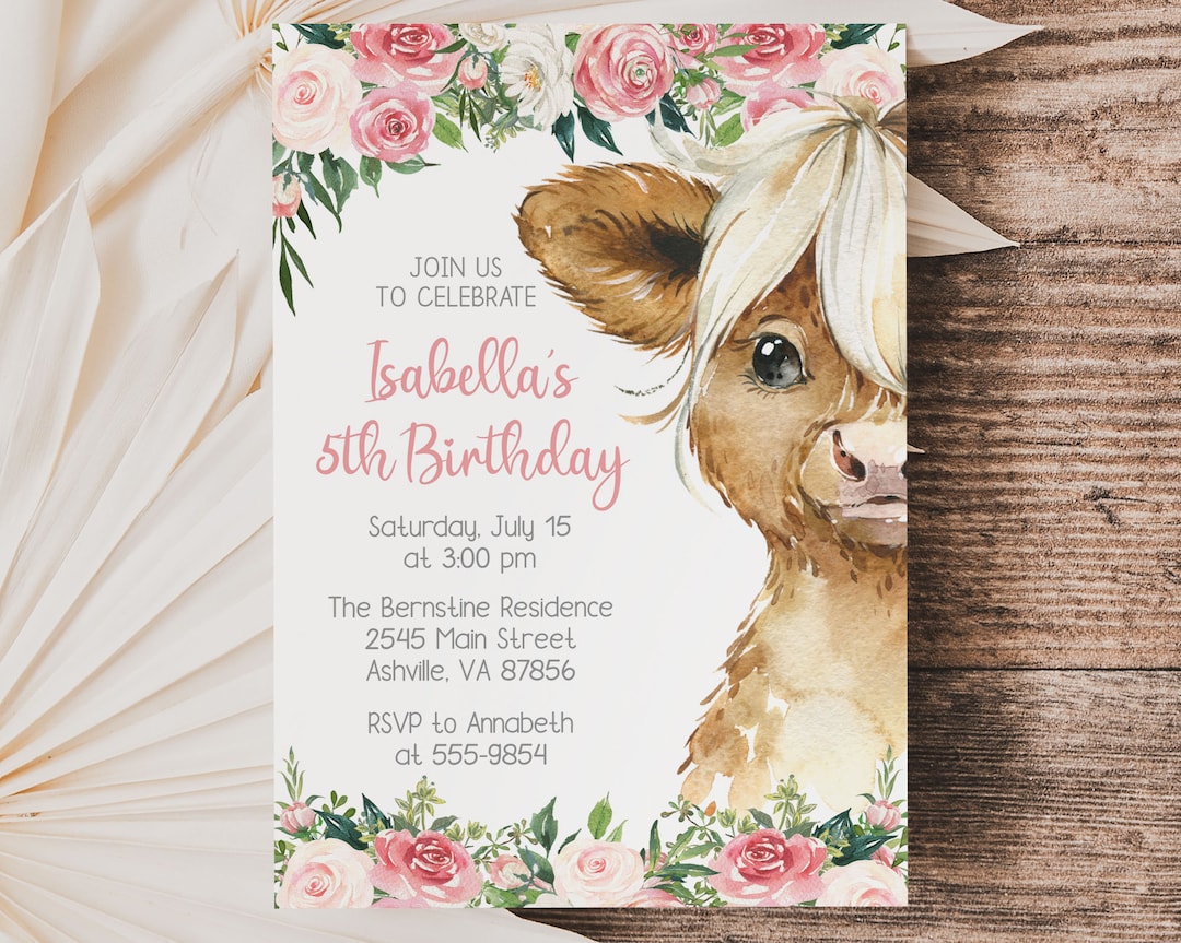 Highland Cow Birthday Invitation Template Editable Cow With Flowers ...