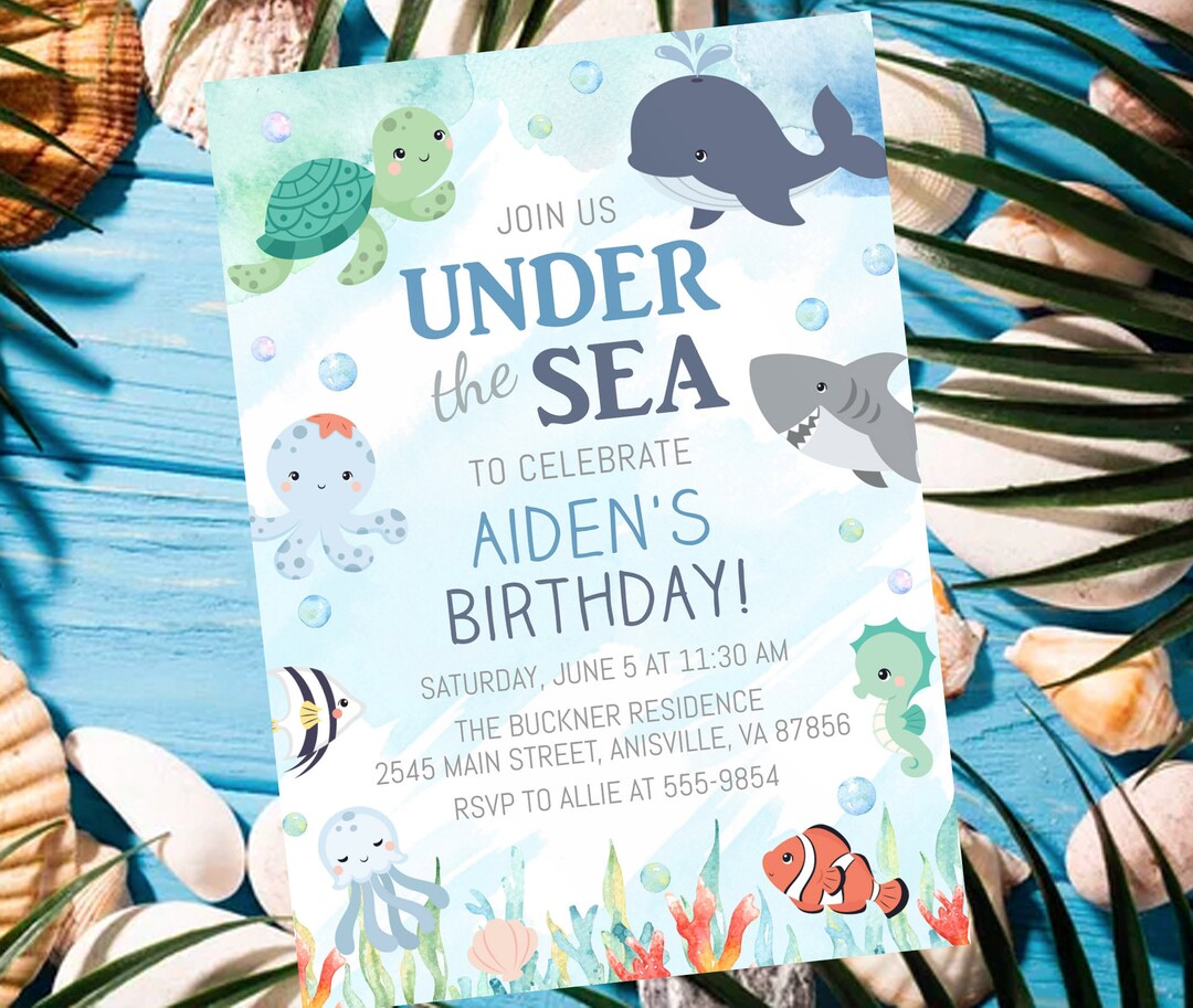 Ocean Birthday Invitation Template, Ocean Animals, Boy, Blue, Editable ...