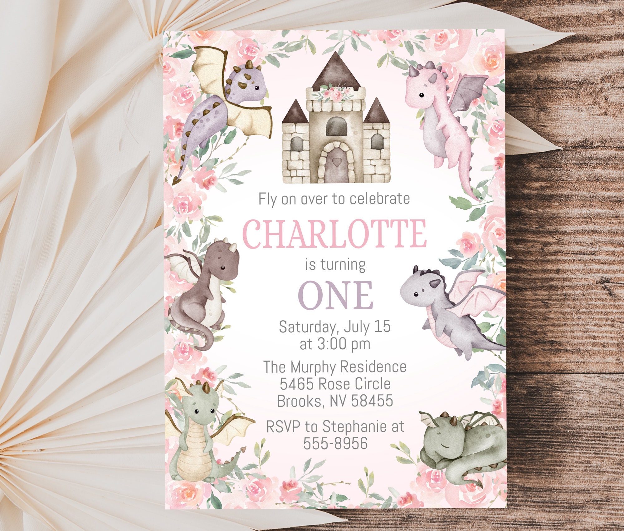 Girl Dragon Birthday Invitation Template, Flowers First Birthday Cute ...