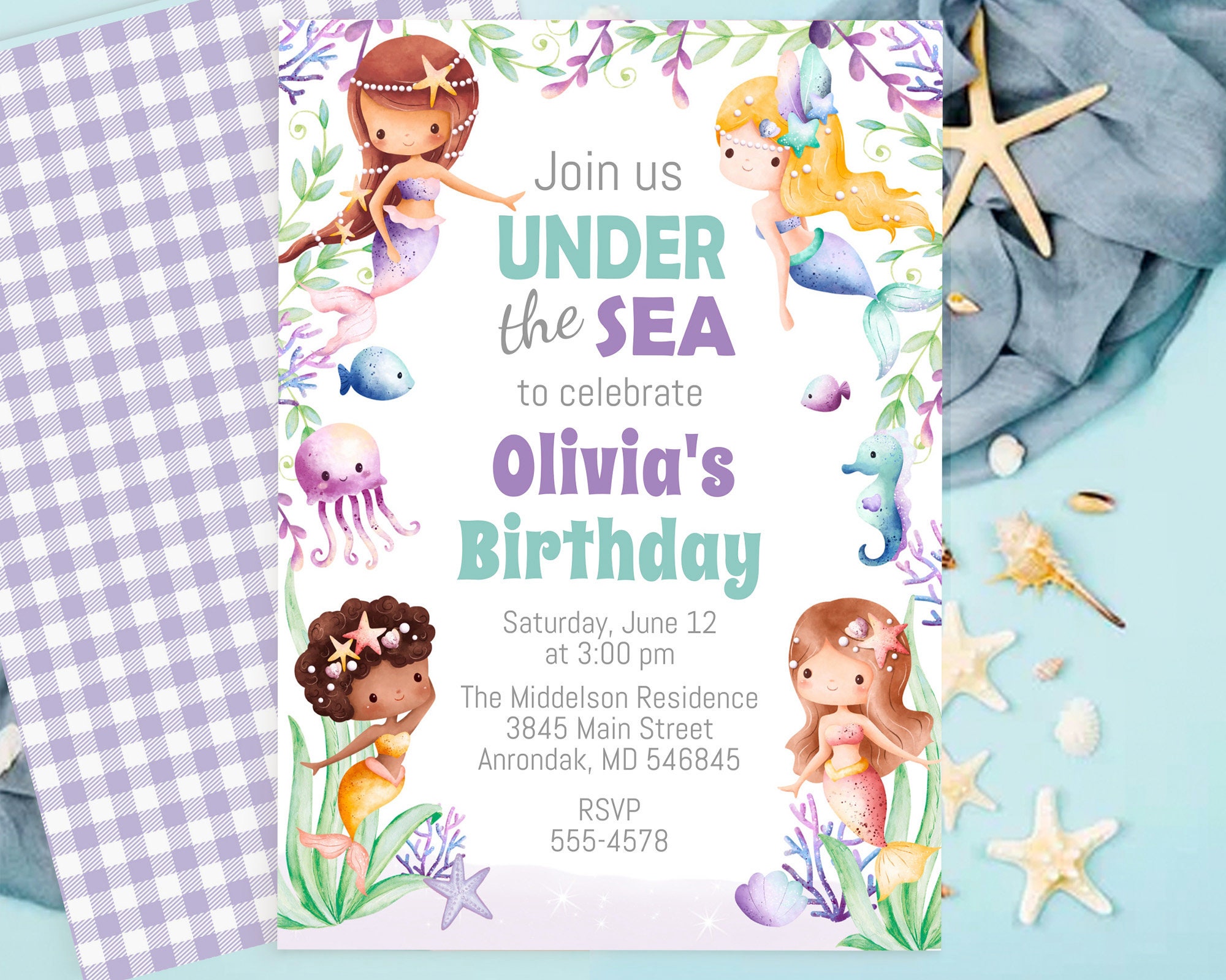 Under the Sea Mermaid Birthday Invitation Template, Editable, Birthday ...