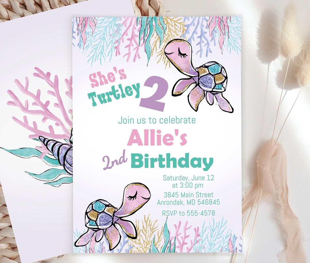Turtley Two Birthday Invitation: Second Birthday Ocean Turtle ...