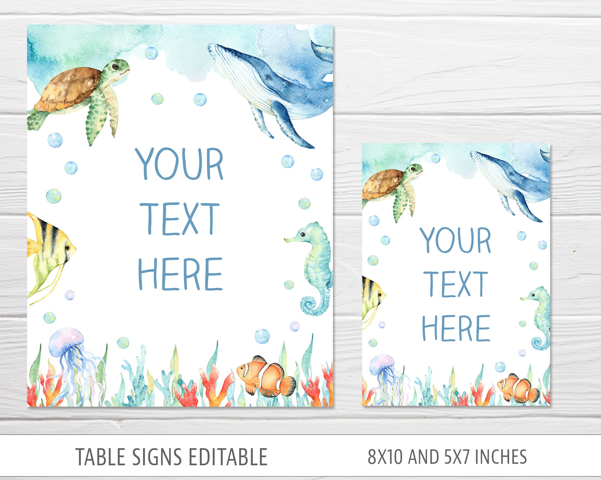 Ocean Animals Party Table Signs 5x7 Inches, 8x10 Inches Editable Party ...