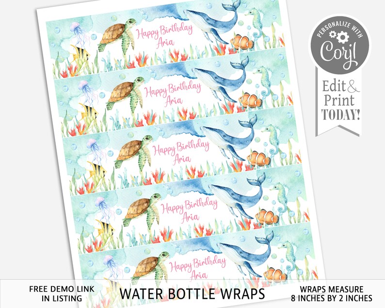 Ocean Water Bottle Wrap, Editable, Pink Ocean Animals, Water Bottle ...