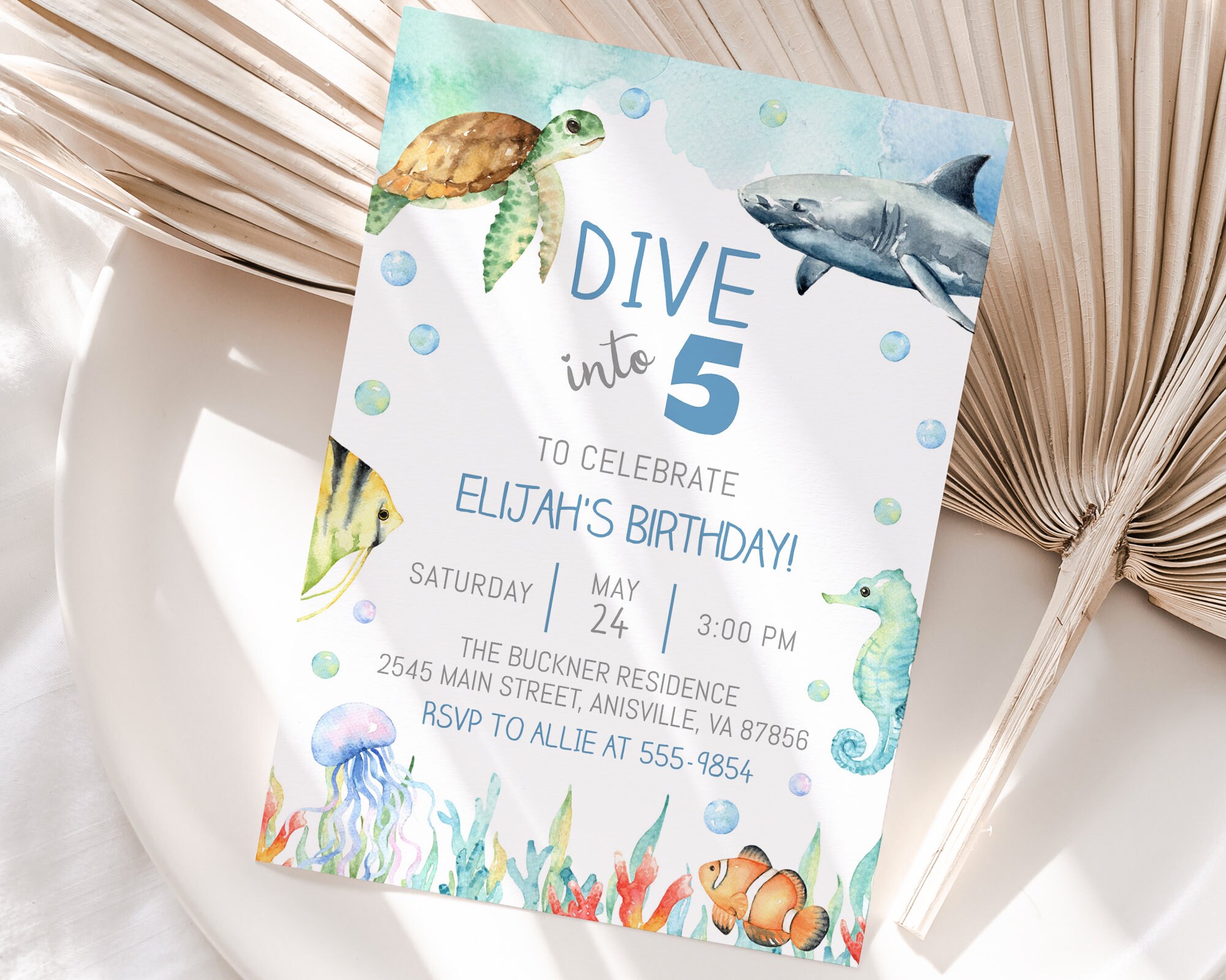Dive Into Five Birthday Invitation Ocean Animals Girl Blue - Etsy