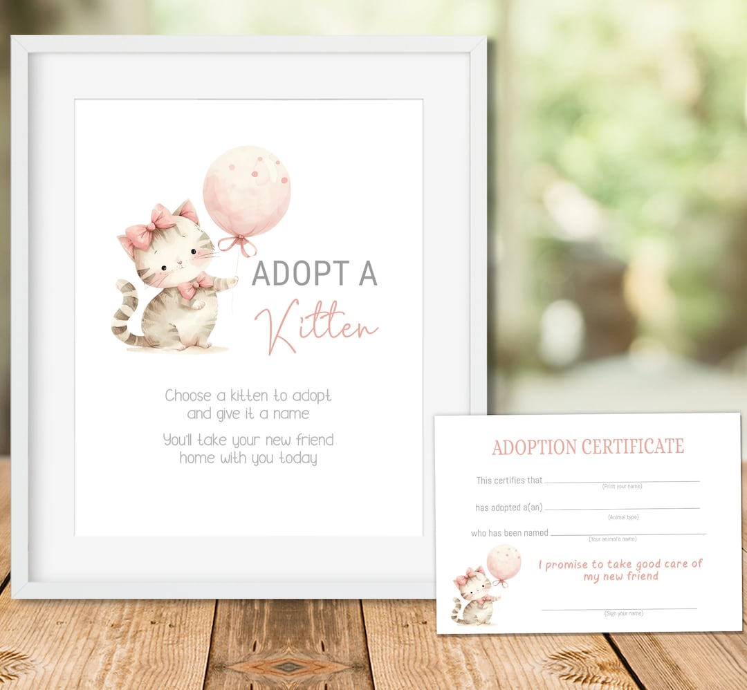 Adopt a Kitten Sign and Certificate Printable Cat Adopt Party Activity ...