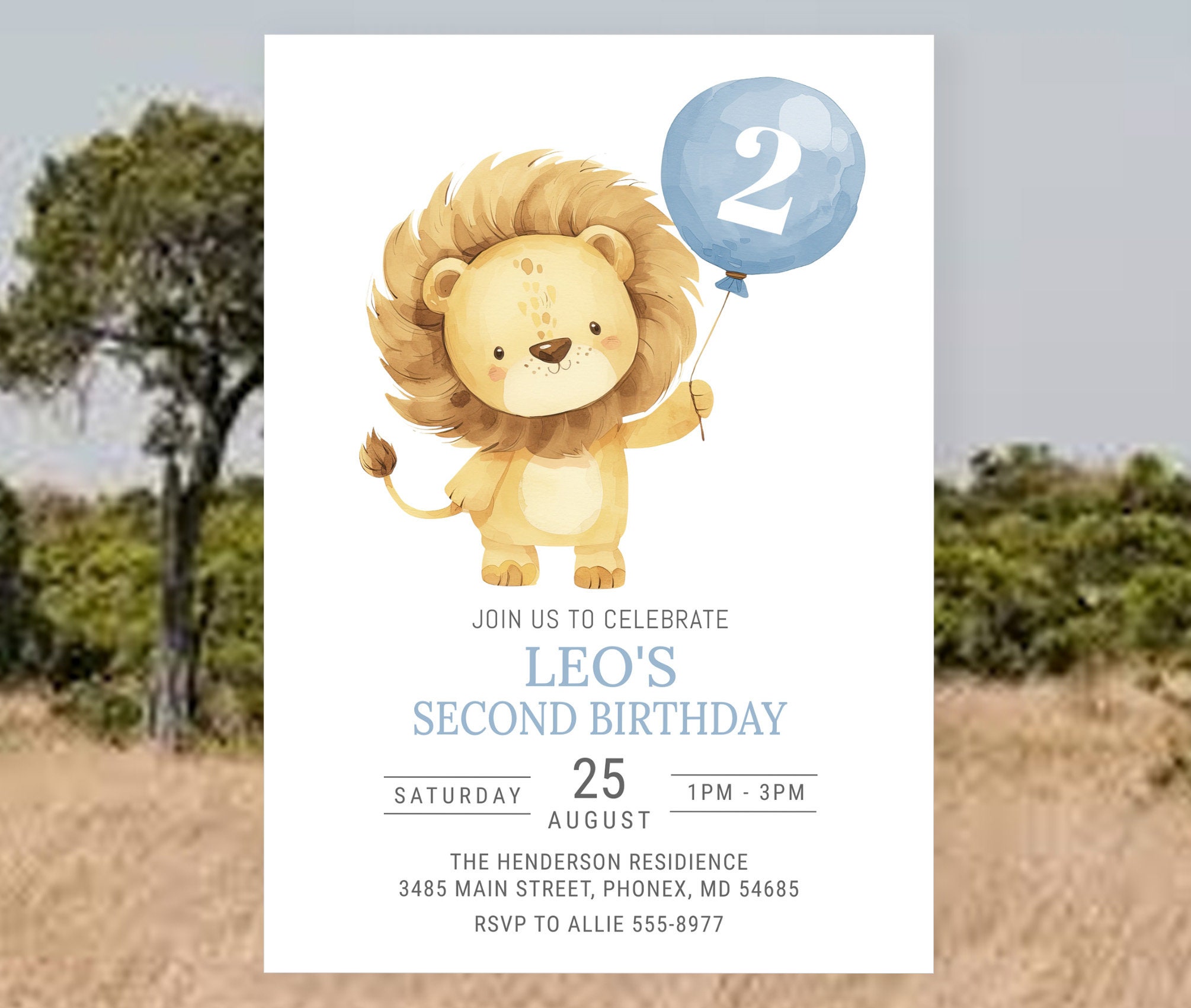 Lion Birthday Invitation for Lion Party, Boy Cute Lion Blue First ...