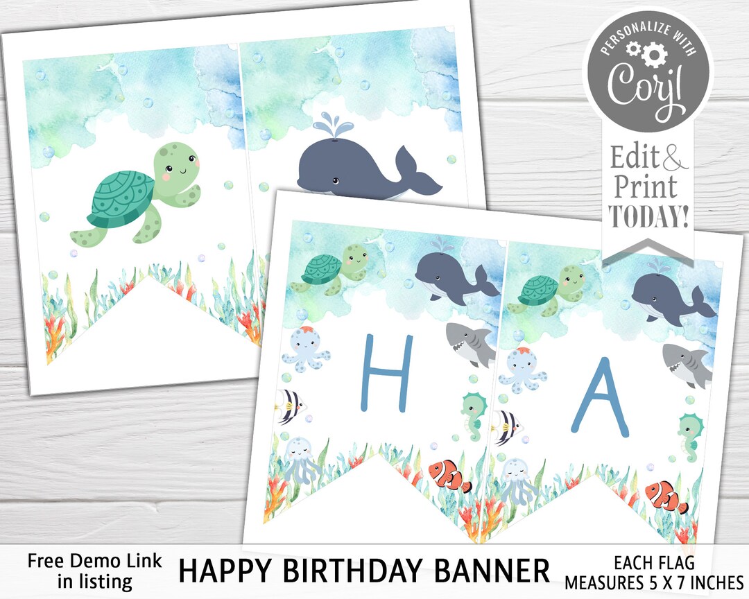 Ocean Animals Banner, Editable Blue Happy Birthday Banner, Instant ...