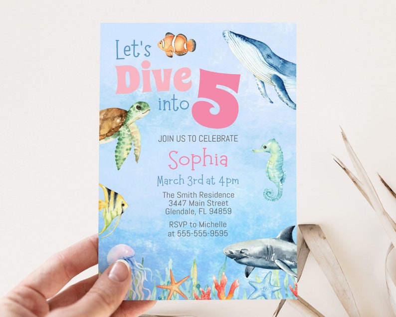 Dive Into 5 Pink Birthday Invitation Template, Ocean Animals, Girl ...