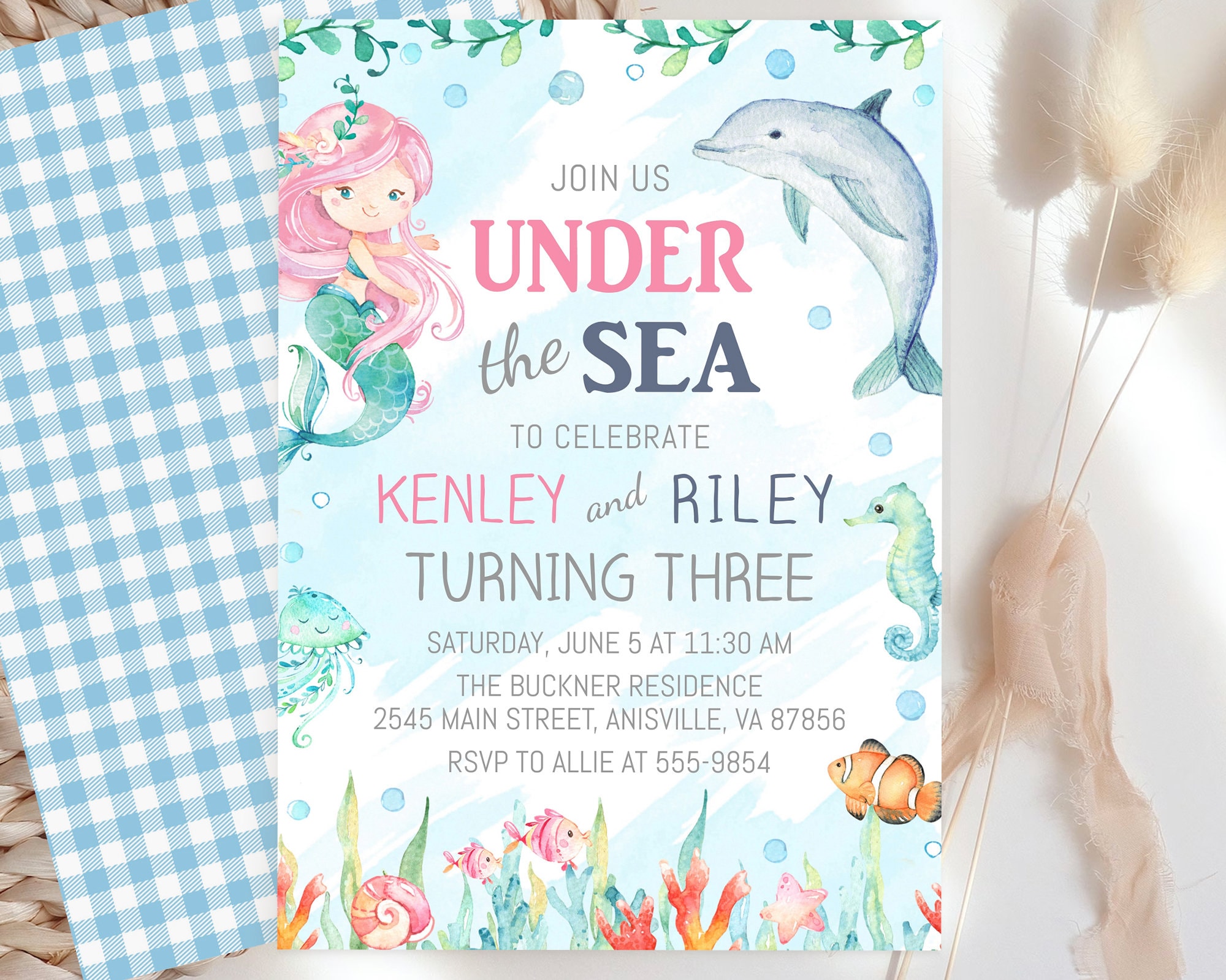 Under the Sea Mermaid Dolphin Twin Birthday Invitation, Editable, Birthday Girl and Boy Ocean ...