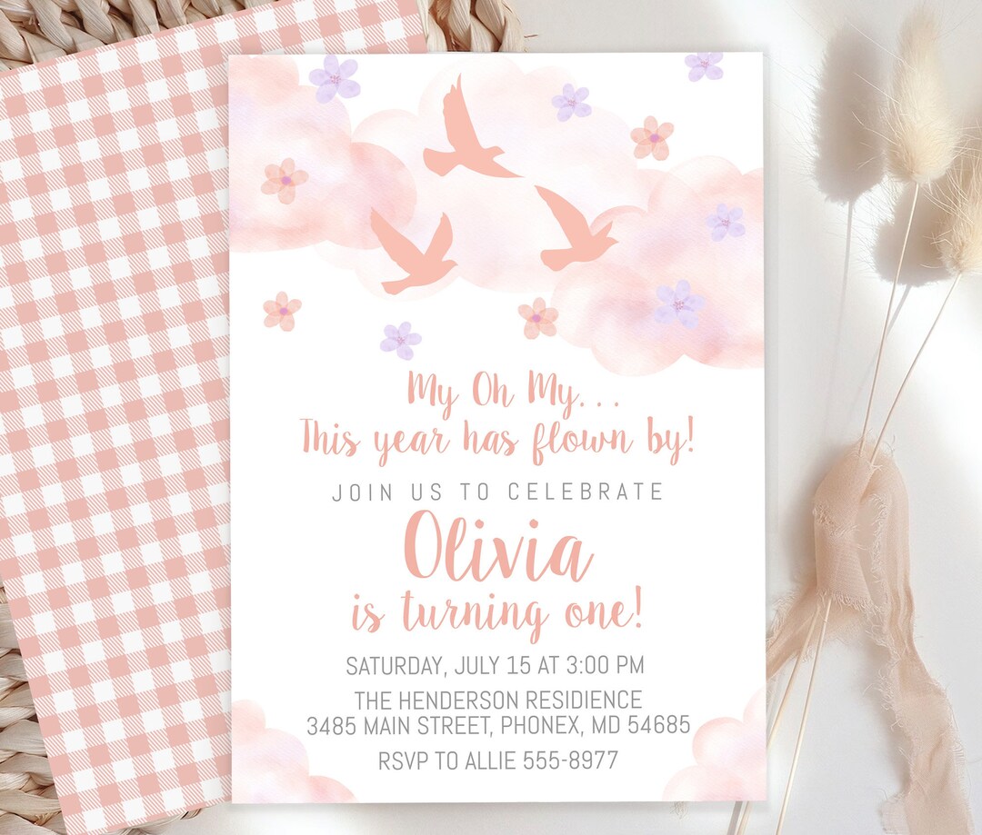 Bird Birthday Invitation Template, Editable, Three Birds Flying, Girl ...
