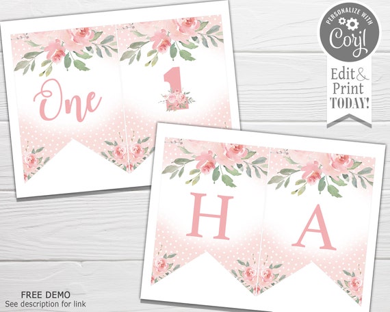 EDITABLE Pink Flower Banner, Happy Birthday Banner, Floral Banner ...