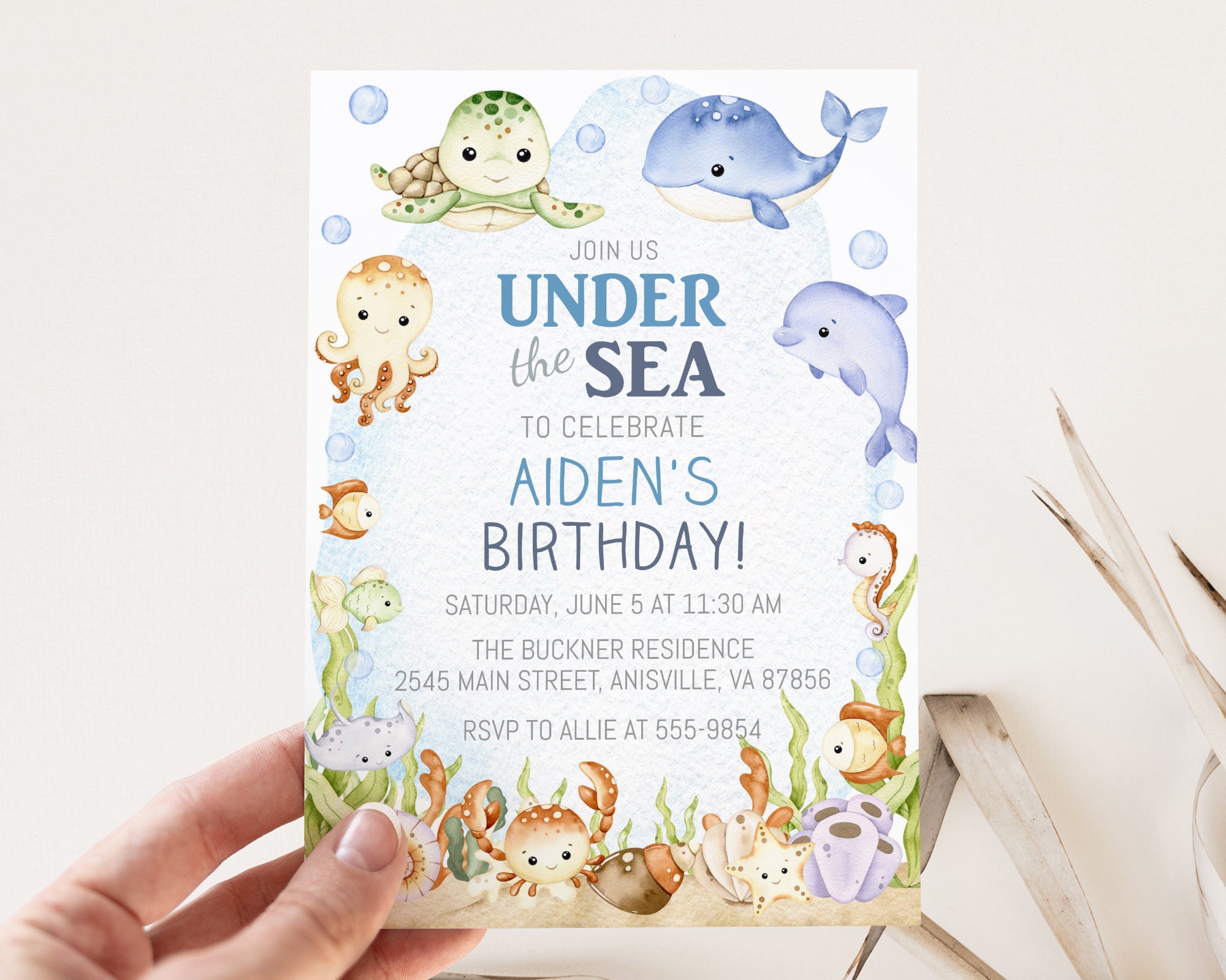 Ocean Birthday Invitation Template, Ocean Animals, Boy, Blue, Editable ...