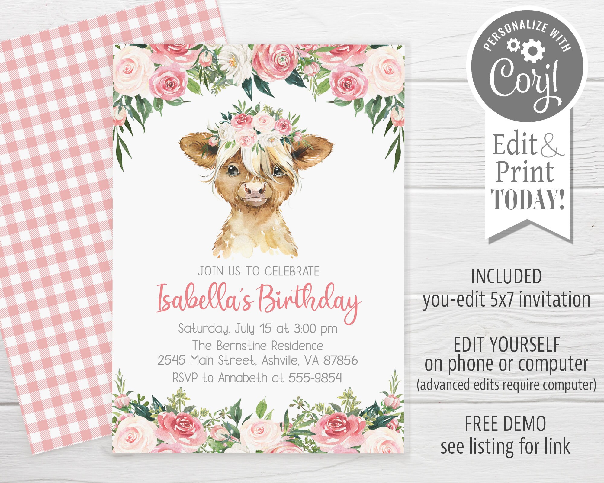 Highland Cow Birthday Invitation, Editable Cow Invitation for Girl With ...