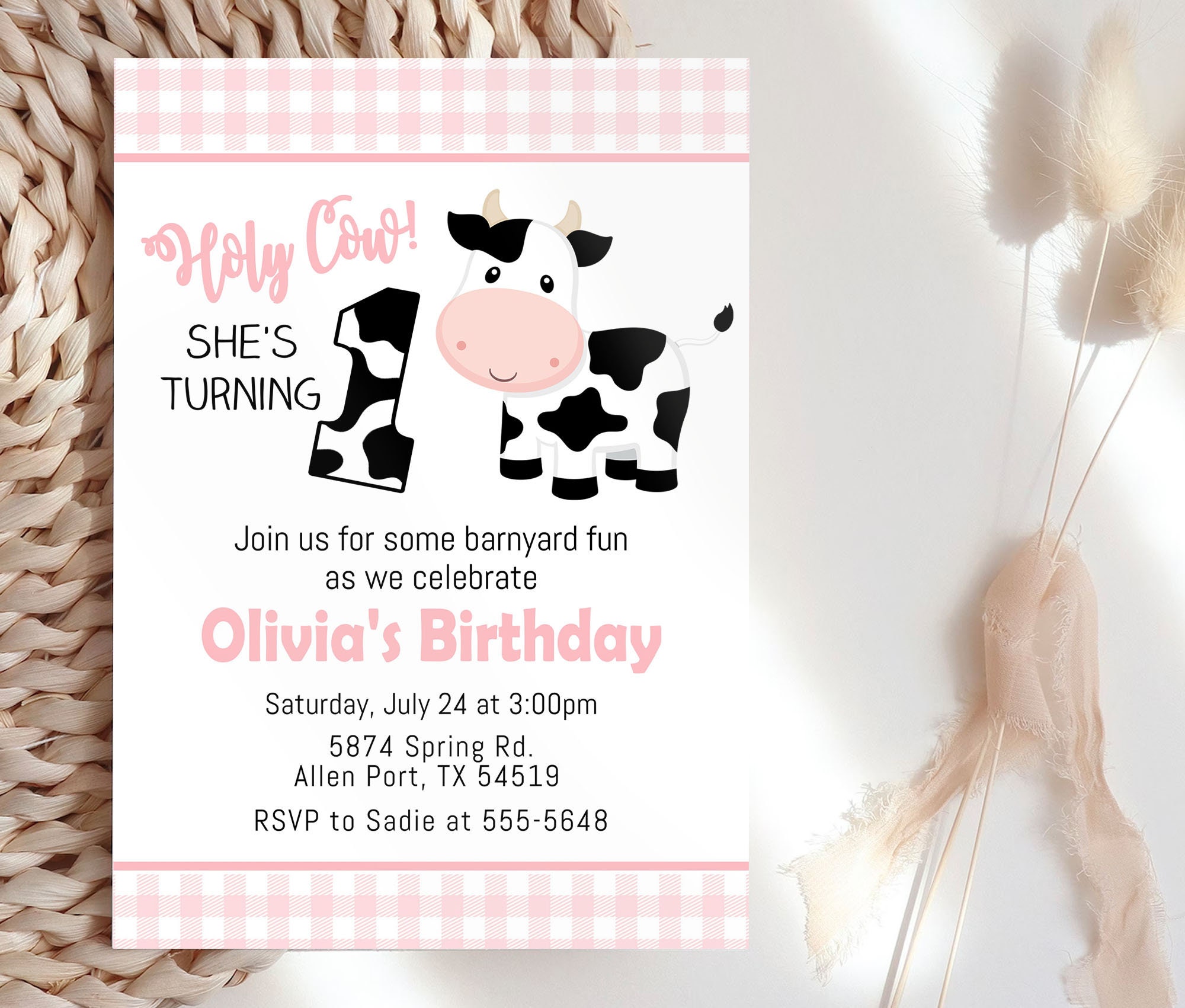 Cow Birthday Invitation Holy Cow She's Turning One Editable Birthday ...