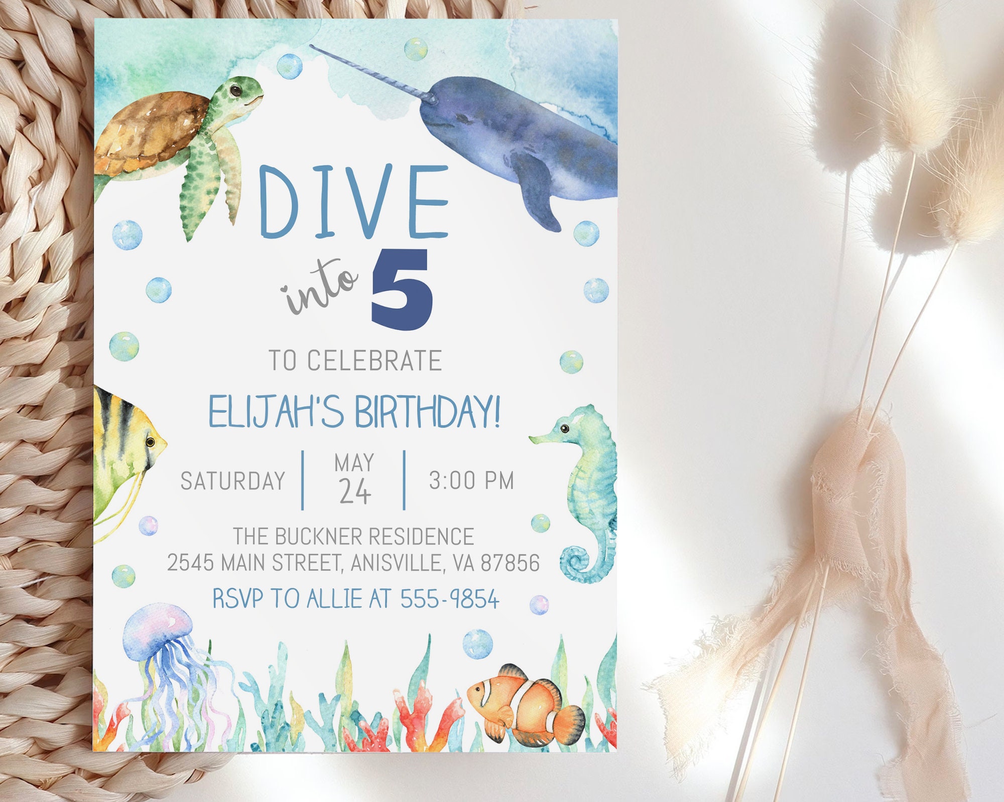 Dive Into Five Birthday Invitation Template, Ocean Animals, Blue, Boy ...