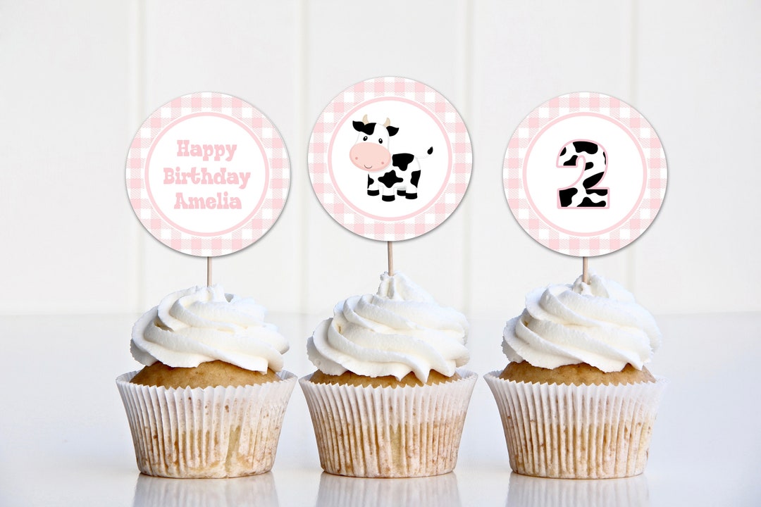 Cow Cupcake Toppers Template, Pink, Turning Two or Editable for Any Age ...