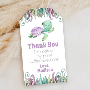Purple Turtle Favor Tags Template, Editable, Digital You-print Hang Tag ...