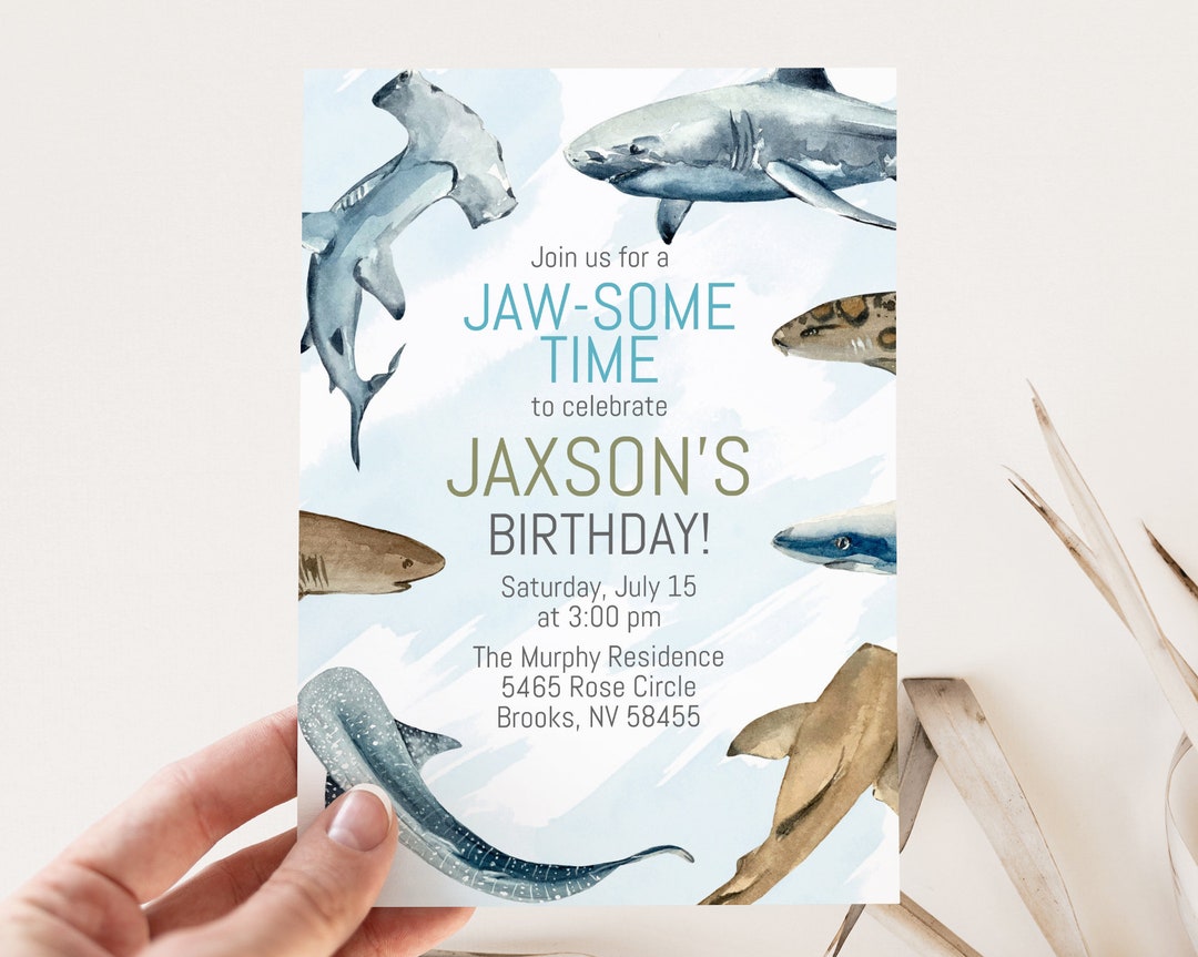 Jawsome Time Shark Birthday Invitation Template, Ocean Animals, Boy ...