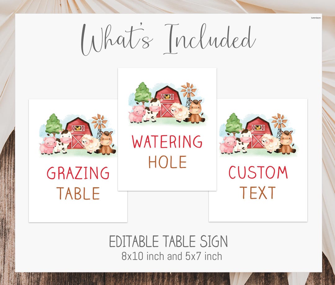 Farm Animals Table Sign, 8x10 and 5x7 Inches Editable Custom Party ...