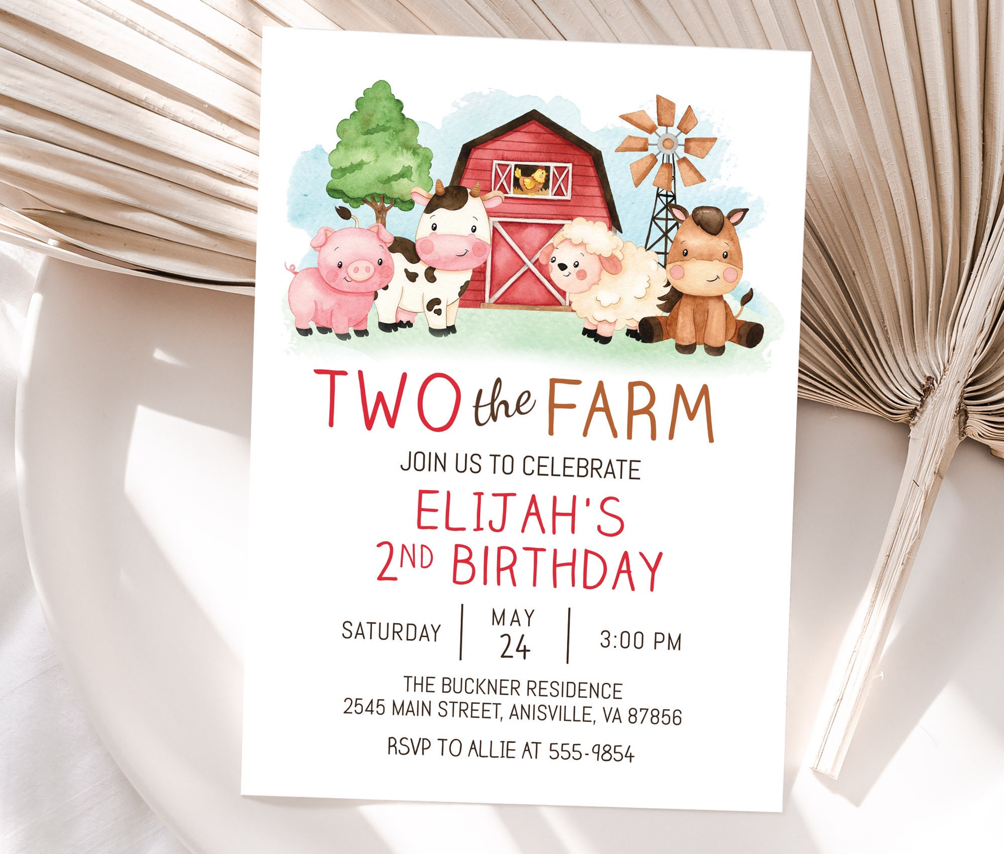 Two the Farm Birthday Invitation Template, Editable, Cute Farm Animals ...