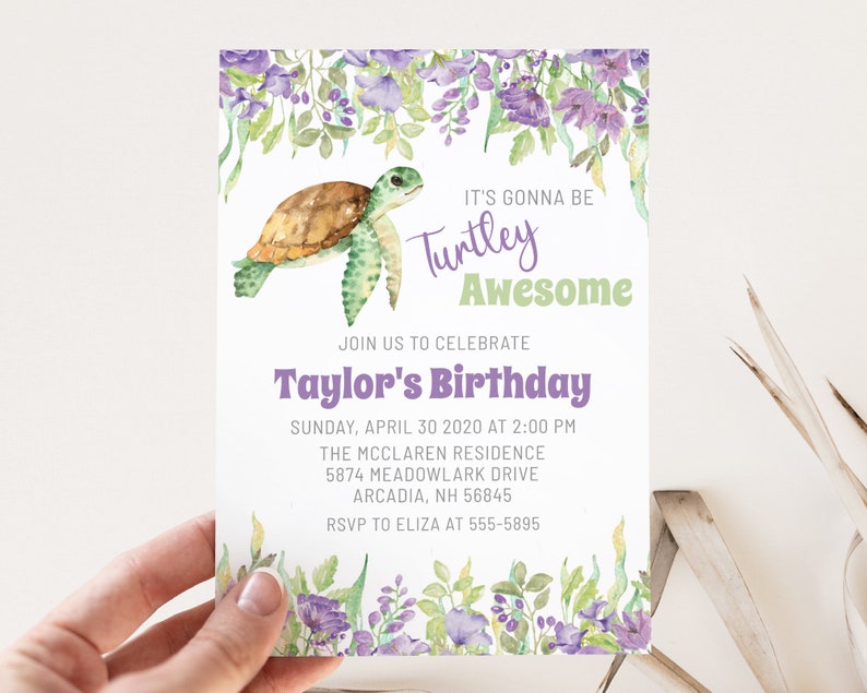 Turtle Birthday Invitation Template: Purple Floral, Editable (digital ...