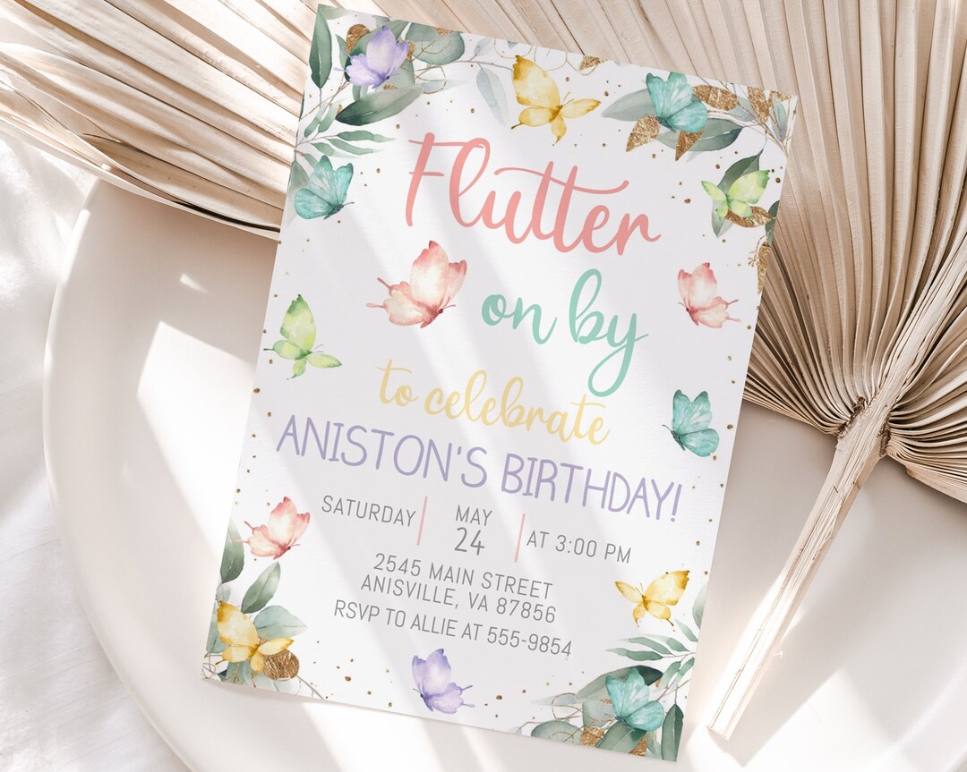 Butterfly Birthday Invitation, Editable, Flutter on by Birthday ...