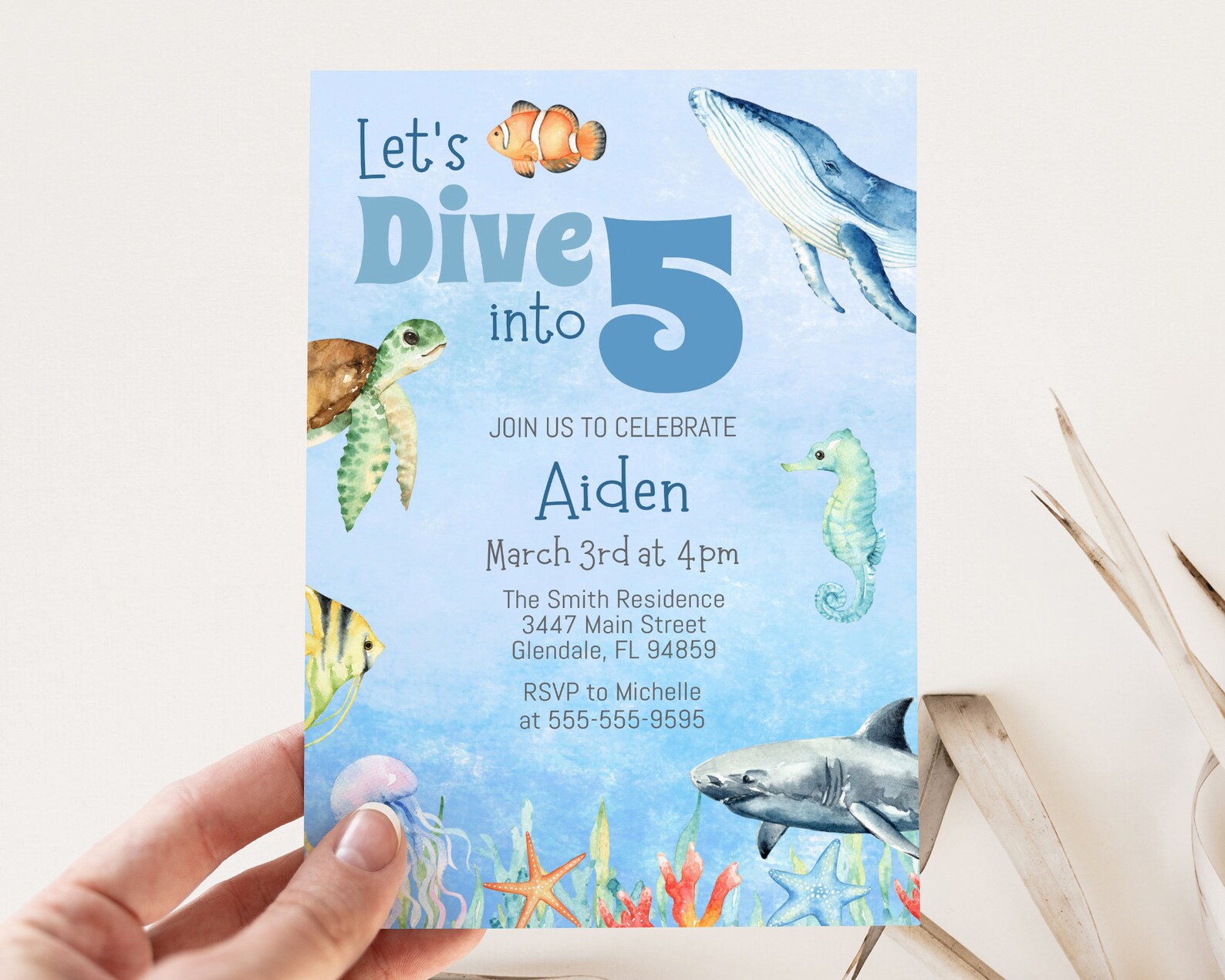 Dive Into 5 Birthday Invitation Template, Ocean Animals, Boy, Blue ...