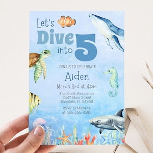 Dive Into 5 Birthday Invitation Template, Ocean Animals, Boy, Blue ...
