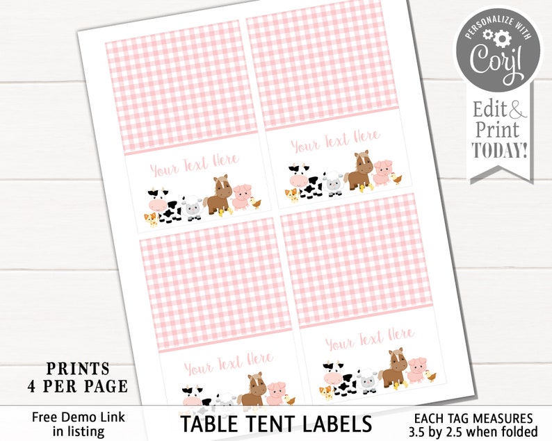 Farm Animals Table Tent Label: Pink Gingham Floral (editable, Instant ...