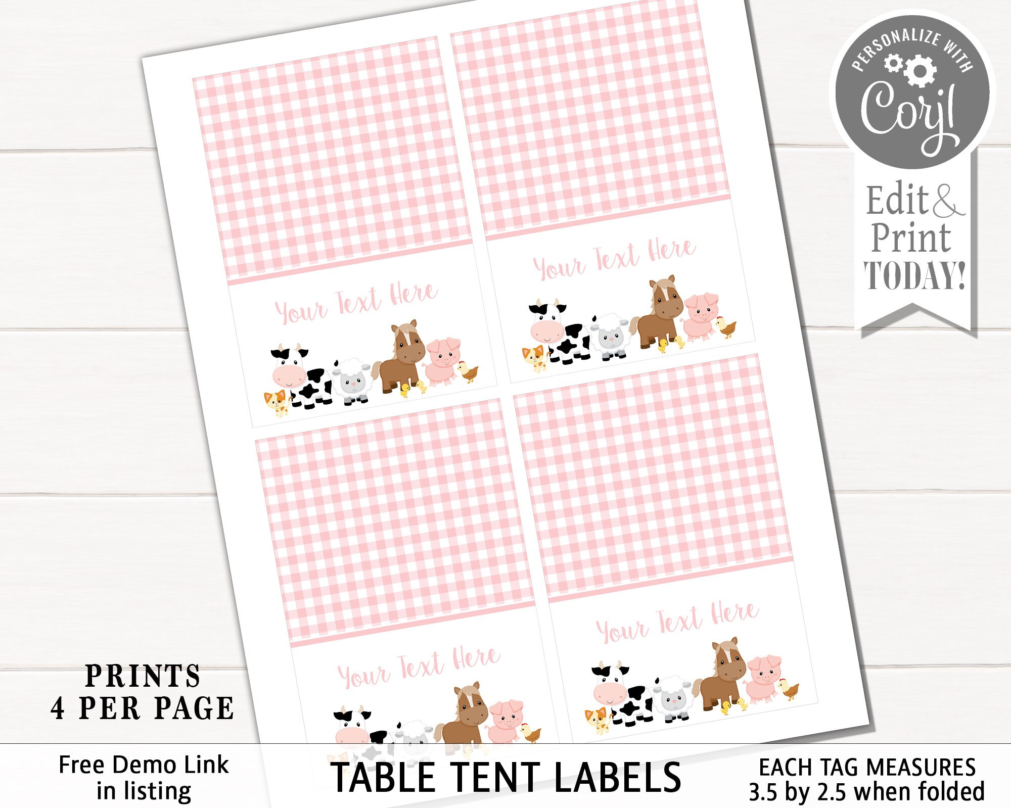 Farm Animals Table Tent Label: Pink Gingham Floral (editable, Instant ...