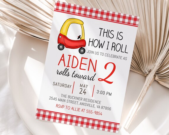 Push Car Birthday Invitation, editable, any age, boy, ride on car, cozy ...