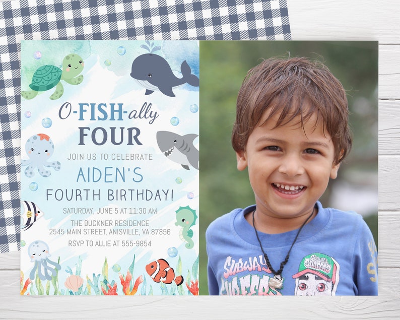 O-fish-ally Four Birthday Photo Invitation, Ocean Animals, Turning Four ...