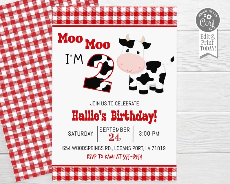 Cow Birthday Invitation Reads "moo Moo I'm Two" Editable Birthday ...