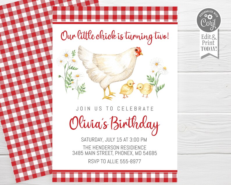 Chicken Birthday Invitation Template Daisy Flowers Girl Our - Etsy