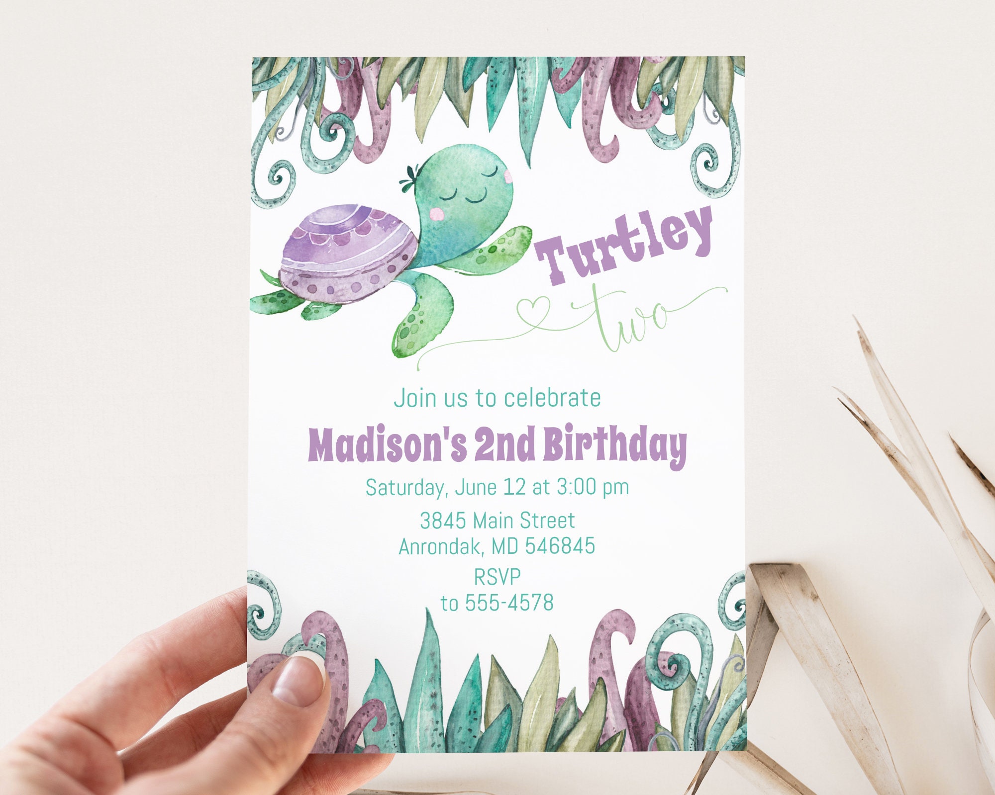 Turtley Two Birthday Invitation, Editable, Turtle Invitation, Ocean ...