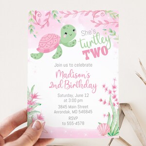 Turtley Two Birthday Invitation Template, Editable, Pink Turtle ...
