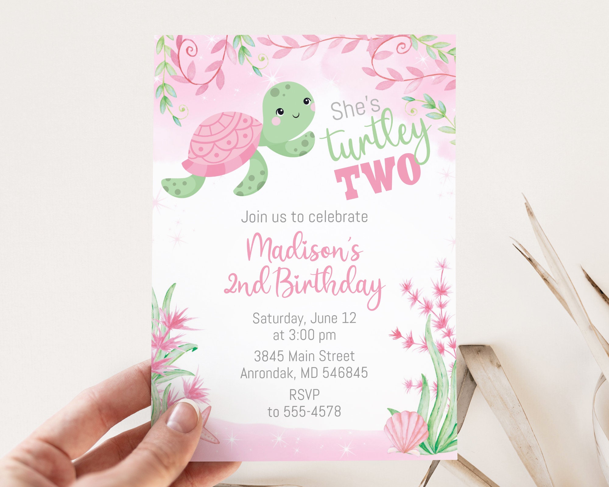 Turtle Second Birthday Invitation Template, Pink Ocean Theme (digital ...