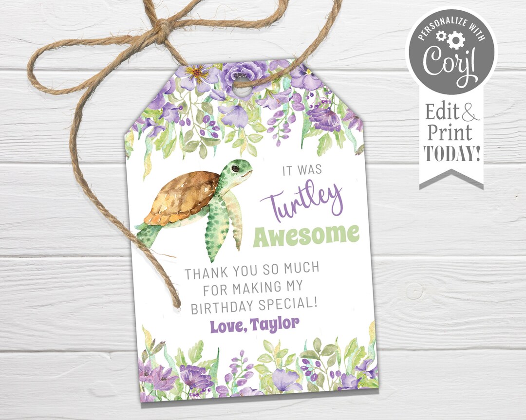 Turtle Favor Tags, Editable, Cute Turtle Birthday Hang Tag, Thank You ...